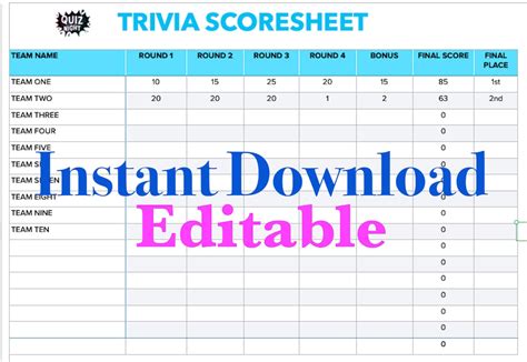 Trivia Scorekeeping Spreadsheet Trivia Scorekeeper Editable Trivia