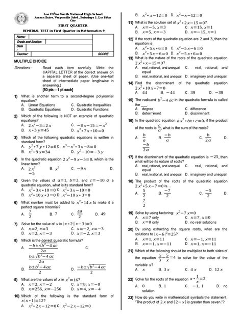 G9 Remedial Test In First Quarter In Mathematics 9 Sy 2022 2023 Download Free Pdf Quadratic
