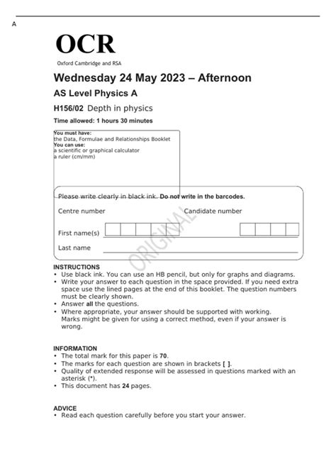 OCR AS Level Physics A H156 02 JUNE 2023 QUESTION PAPER Depth In Physics AS Level Physics A