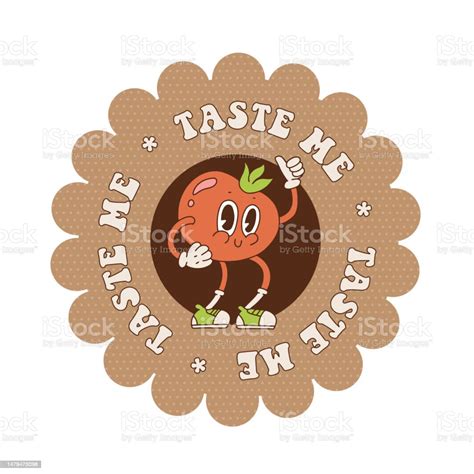 복고풍 만화 스타일의 토마토는 엄지 손가락 제스처를 보여줍니다 텍스트가있는 둥근 빈티지 스티커 나를 맛보십시오 건강 식품 벡터 삽화는 윤곽 7080 년대 스타일입니다 0명에