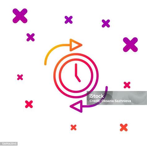 흰색 배경에 격리 된 화살표 아이콘색상 줄 시계입니다 시간 기호입니다 시계 방향 회전 아이콘 화살표 및 시간 그라데이션 임의동적 셰이프 벡터 2 위 상 종류에 대한 스톡
