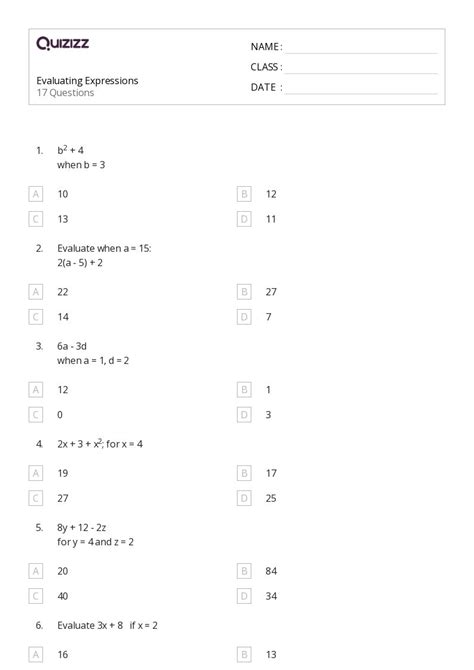 Evaluating Expressions Worksheets For Th Grade On Quizizz Free