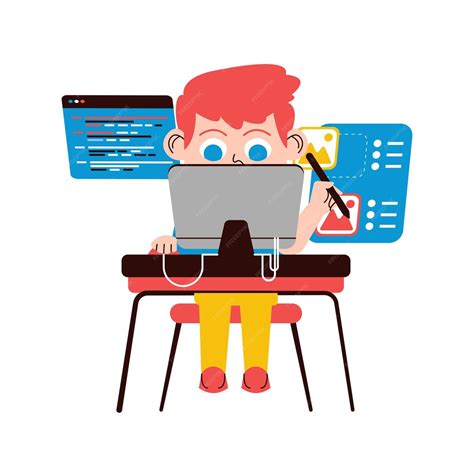 Premium Vector Boy Coding Designing With Pc Illustration