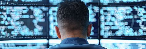 A Man Sits In Front Of Computer Screens Displaying Code Blur Background
