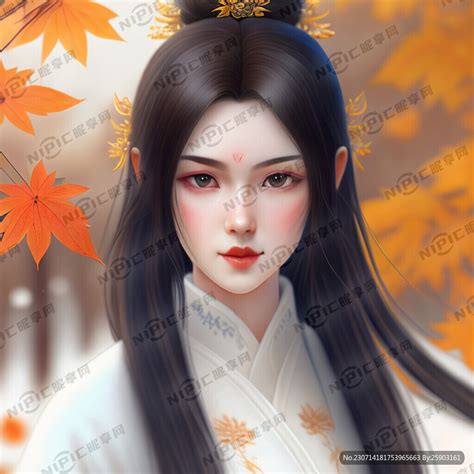 Ai创作图古风少女 唯美秋日 面容精致 毛发精致 三维立体 白雪漫天 Cg 超细节 超高清 中国风 昵图网