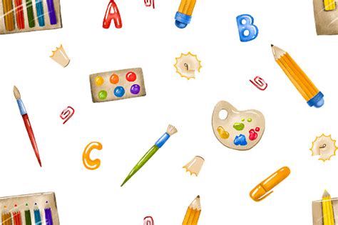 학교 연필 완벽 한 패턴으로 돌아 가기 연필 마커 브러시가 있는 미취학 아동 스티커 지식 학생 학생 세트입니다 손으로 그린 만화 고립 된 배경 랩 섬유 벽 장식 20 24