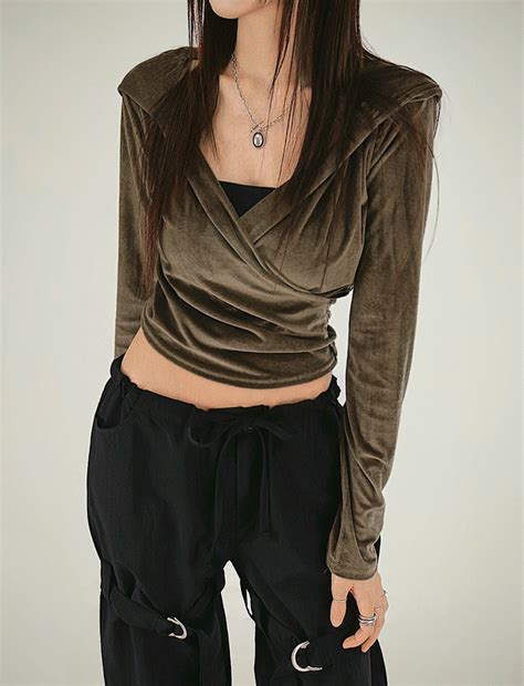 벨벳 후드랩 딥브이넥 드레이프 셔링 후드티 3color 에이블리