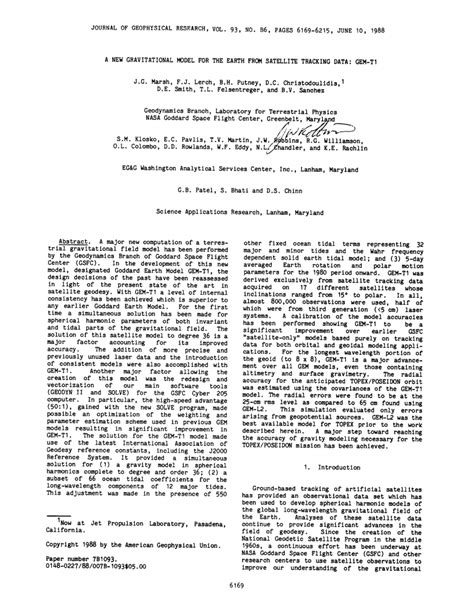 Pdf A New Gravitational Model For The Earth From Satellite Tracking Data Gem T1