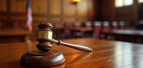 Empty Courtroom Interior With Wooden Furniture Judge Gavel Rests On