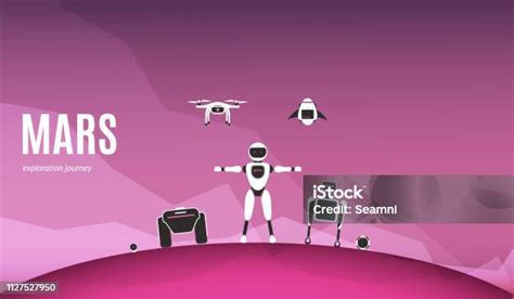 현대 로봇 설정된 벡터 일러스트 레이 션 세련 된 로봇 무인 항공기 자치 차량 로켓에 행성 화성 과학에 대한 스톡 벡터 아트 및 기타 이미지 Istock