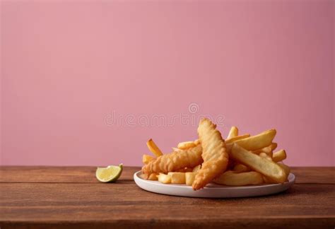 Breaded Fish And Chips With Lime On Pink Background Stock Illustration