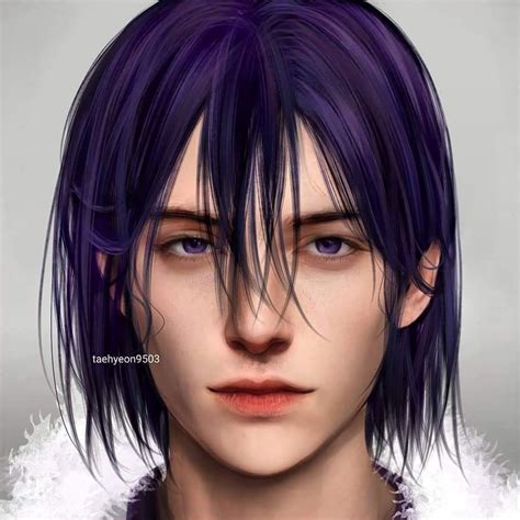 A Male With Purple Hair And Blue Eyes Wearing A Fur Collared Shirt White Jacket And Silver Necklace