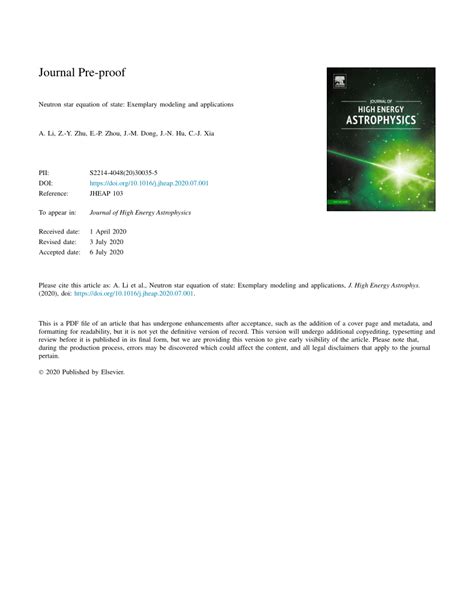 Pdf Neutron Star Equation Of State Exemplary Modeling And Applications