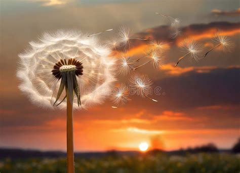 Dandelion With Seeds Blowing Away Sunset Sky Stock Illustration