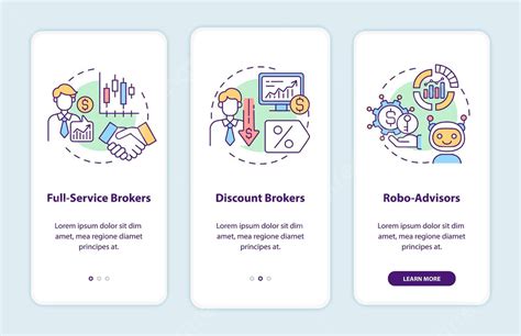 Onboarding Mobile App Screen Showcasing Different Broker Types And Concepts Vector Mockup Ui