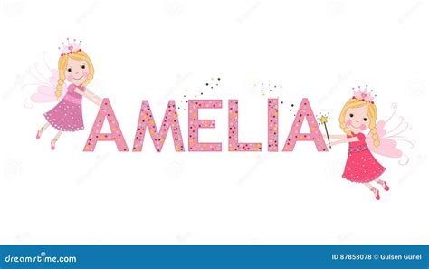 Amelia Female Name With Cute Fairy Vector Illustration 87858078
