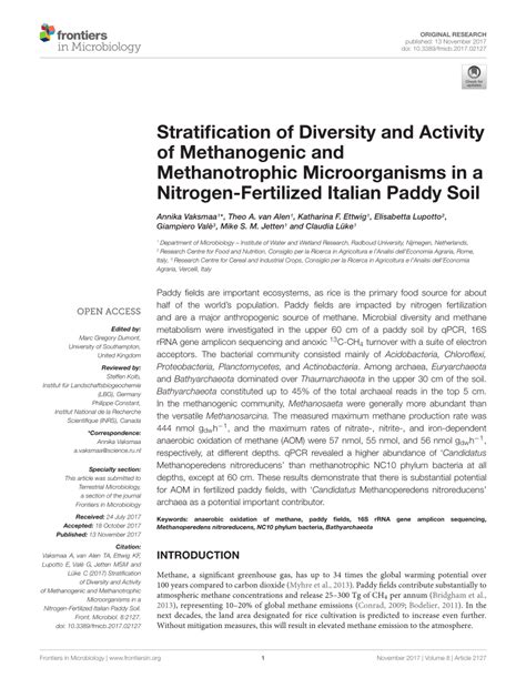 Pdf Stratification Of Diversity And Activity Of Methanogenic And Methanotrophic Microorganisms