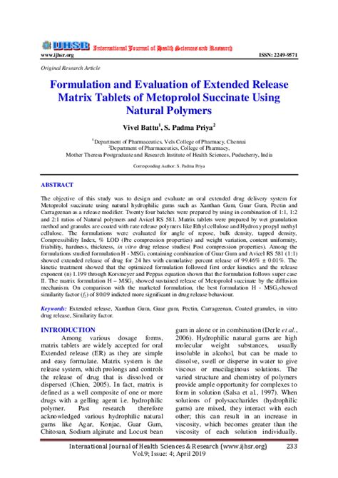 Pdf Formulation And Evaluation Of Extended Release Matrix Tablets Of Metoprolol Succinate