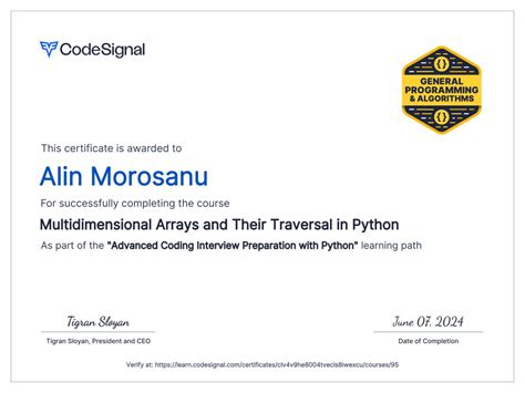 Earned A Certificate In Multidimensional Arrays From Codesignal Alin Morosanu Posted On The