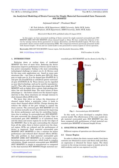 Pdf An Analytical Modeling Of Drain Current For Single Material Surrounded Gate Nanoscale Soi
