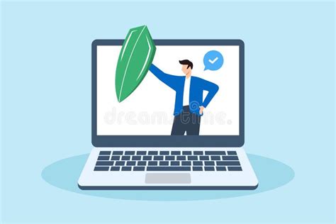 Flat Illustration Of Man Holds Shield On Computer Laptop Protecting Against Cyber Security