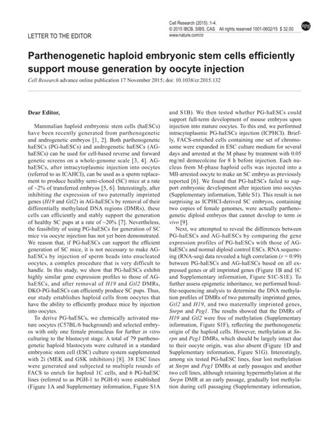 Pdf Parthenogenetic Haploid Embryonic Stem Cells Efficiently Support Mouse Generation By