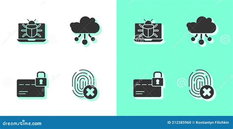 Set Cancelled Fingerprint System Bug On Monitor Credit Card With Lock And Internet Of Things