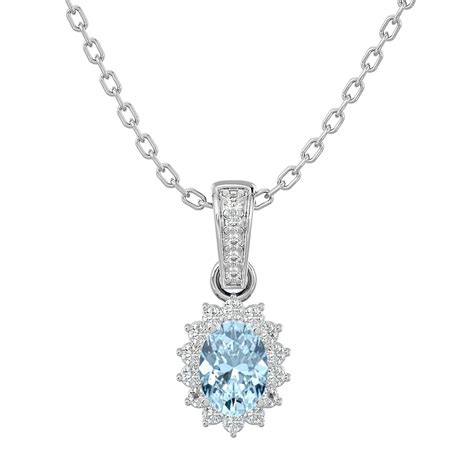 Superjeweler 1 Carat Oval Shape Aquamarine And Diamond Necklace In 14
