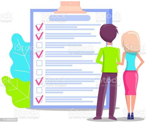 부부는 할 일 목록을 만들고 매일 시간표를 계획합니다 사람들이 일정 클립 보드의 체크리스트에 대해 토론합니다 개념에 대한 스톡 벡터 아트 및 기타 이미지 Istock