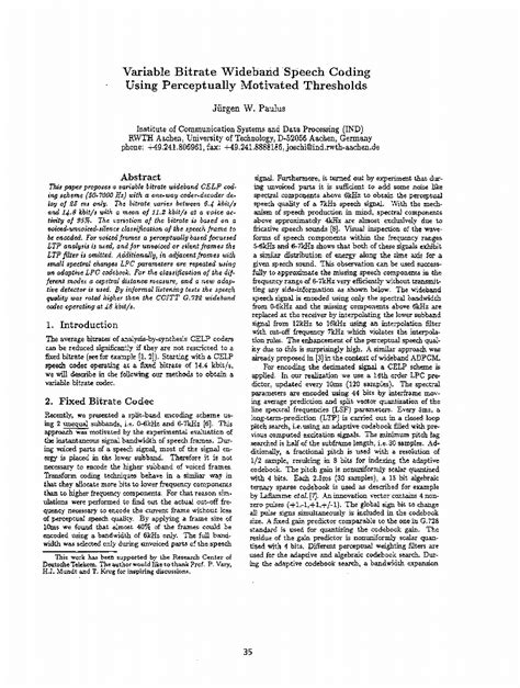 Variable Bitrate Wideband Speech Coding Using Perceptually Motivated Thresholds Ieee