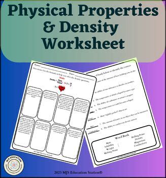 Physical Properties Calculating Density Practice Worksheet By MJS