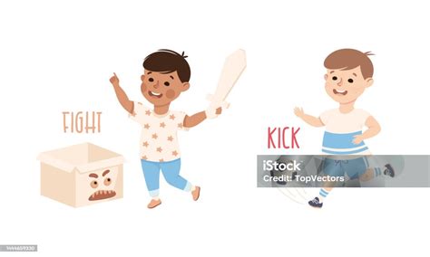 칼 싸움 장난감 상자 괴물과 공을 차는 공 벡터 세트를 가진 어린 소년 개념에 대한 스톡 벡터 아트 및 기타 이미지 개념 검 교실 Istock