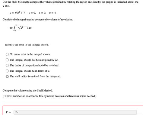 solved use the shell method to compute the volume obtained