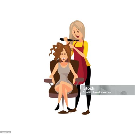 여성 미용사 헤어스타일 젊은 여자 직장 만화 벡터 일러스트 레이 션에 전문 미용사를 컬링 아이언을 사용 하 여 만들기 귀여운에 대한 스톡 벡터 아트 및 기타 이미지 Istock