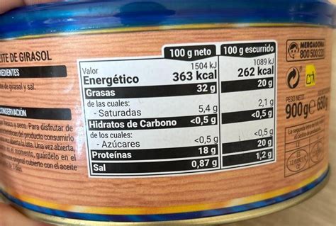 Atún En Aceite De Girasol Hacendado Kalorie Kj A Nutriční Hodnoty
