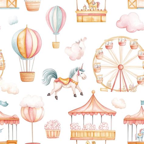 Seamless Pattern Of Vintage Carousel Horses And Hot Air Balloons In