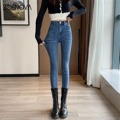 Zoenova 여성용 하이 웨이스트 신축성 슬림 펜슬 팬츠 레트로 청바지 웃는 얼굴 올 매치 팬츠 봄 신상 Aliexpress