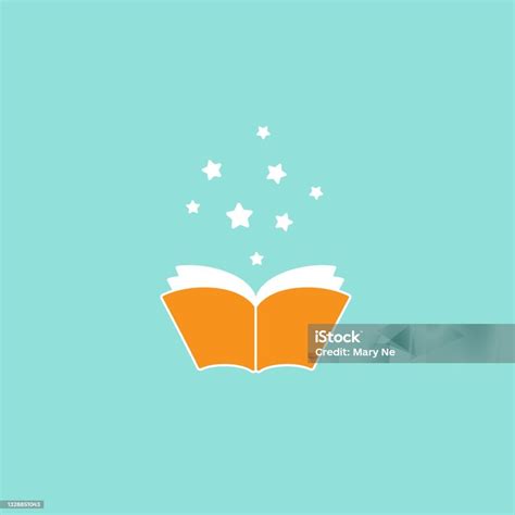 오렌지 색 책 표지와 흰색 별이 날아 와 함께 책을 엽니 다 청록색 배경에 고립 0명에 대한 스톡 벡터 아트 및 기타 이미지