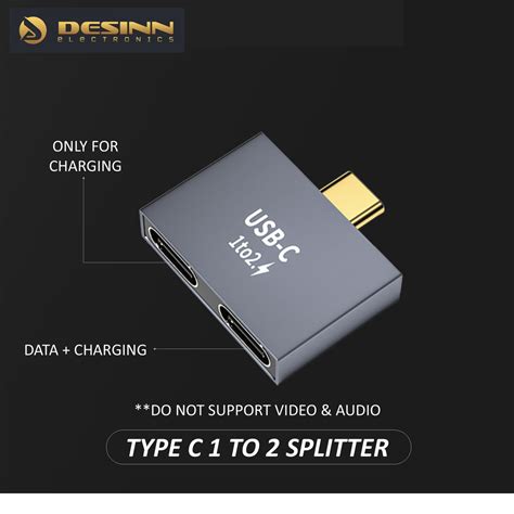 USB Type C 1 To 2 Splitter For Charging Data Transfer Support Laptop Charger Smartphone Tablet
