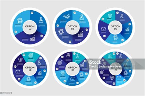 원형 차트 집합입니다 3 4 5 6 7 8개의 섹션 또는 단계가 있는 파란색 다이어그램 컬렉션입니다 인포 그래픽 Ui 웹 디자인 비즈니스 프리젠 테이션을위한 서클 아이콘