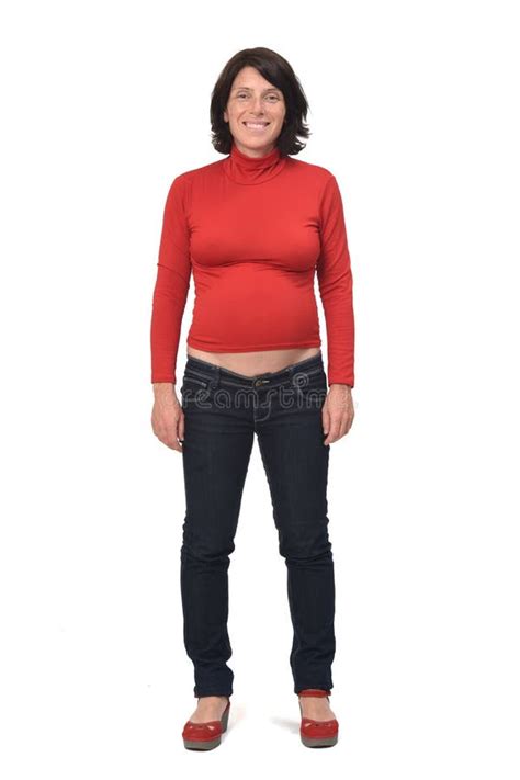 Front View Of Full Portrait Of A Pregnant Woman With Casual Clothes On