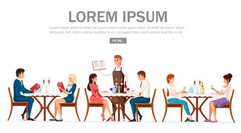 남자와 여자 에 날짜 에 레스토랑 웨이터 와 메뉴 레드 와인 병 칸델라브라 이탈리아 파스타가 있는 테이블 만화 캐릭터 디자인 흰색 배경의 플랫 벡터 일러스트레이션 사람들에