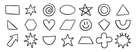 기본 기하학적 모양 도들 손으로 그린 아이콘 세트 수학 게임을 배우기 위한 윤 그림 평평한 그림 선 클리파트 기호 프리미엄 벡터