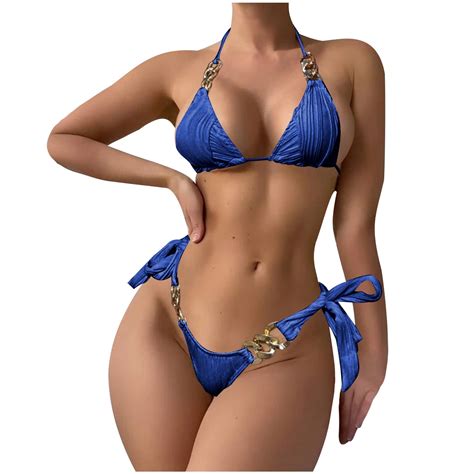 Wreesh Womens Metal Ring Bikini Set Halter Bathing Suit Two Piece
