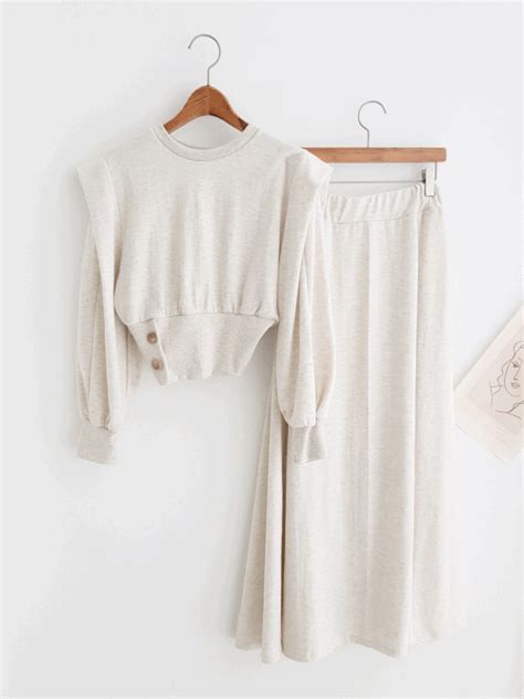 리케마켓 여리여리set 잘록 허리라인 볼륨소매 퍼프 맨투맨티셔츠 밴딩 롱스커트 치마세트 꾸안꾸 무지세트 데일리세트