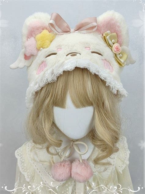 1599 Stars And Bowknots Beige Cute Kitty Ears Hat Kawaii Hat Cute