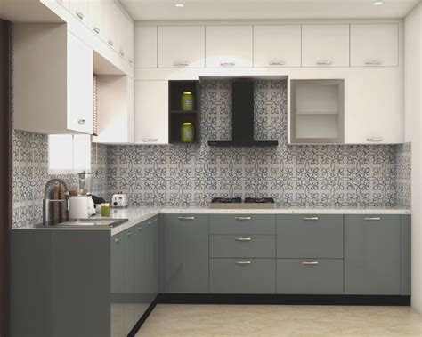 L Shape Modern Modular Kitchen Design With Alumina Pearl And Frosty