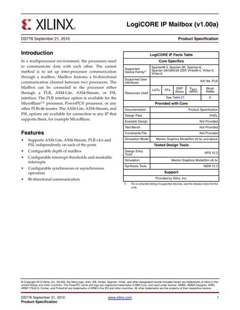 Xilinx Ds776 Logicore Ip Mailbox V100a Data Sheets