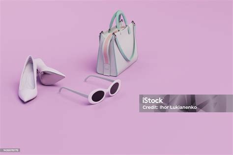 발 뒤꿈치 핸드백 파스텔 배경에 안경을 쓴 흰색 여성 신발 복사 붙여 넣기 공간 복사 3d 렌더링 하이힐에 대한 스톡 사진 및 기타 이미지 Istock