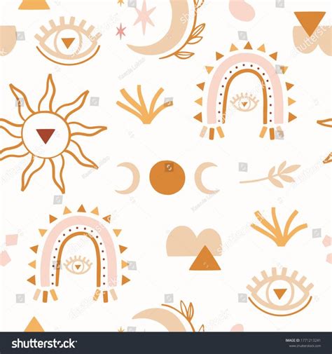 Abstract Boho Seamless Pattern With Luna And Rainbow Abstract Boho Seamless Pattern With Luna And Rainbow
